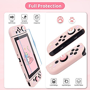 FUNDIARY Pink Bunny Theme Carrying Case for Nintendo Switch, Cute Storage Bag Accessories Bundle for Switch with TPU Protective Cover, Screen Protector, Adjustable Shoulder Strap and 2 Thumb Grips