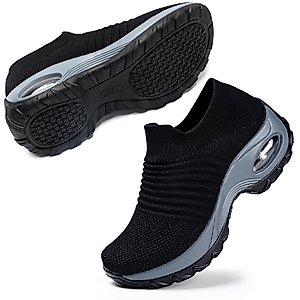STQ Womens Slip on Walking Shoes Breathable Non Slip Work Shoes Comfortable Air Cushion Orthopedic Sneakers with Arch Support Black 7.5