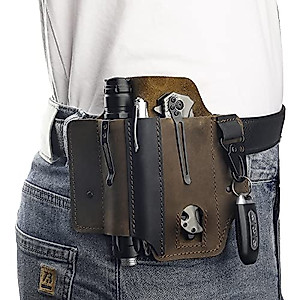 Leather Multitool Sheath, EDC Pocket Belt Organizer for Men with Flashlight Holster, Knife Sheath, Pen Holder and Keychain Clip (Brown)