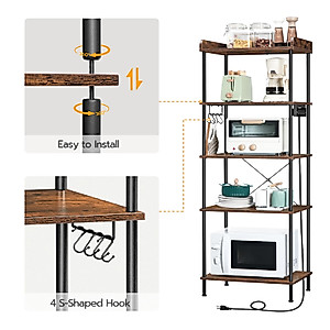 HOOBRO Kitchen Bakers Rack with Power Outlet, 5-Tier Free Standing Kitchen Storage Shelf Rack, Microwave Stand with 4 S-Shaped Hooks, Rustic Brown and Black BF55UHB01
