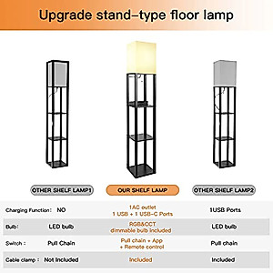 SOLIT Corner Floor Lamp with Shelves w/ RGB Dimmable LED Smart Light Bulbs, Narrow Nightstand Charging Station, Bedroom Lamps for Living Room Lamps, Column Standing Light Tall Lamp for Bedroom [Black]
