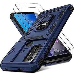 Motorola Moto G Play 2023 Case,Moto G Power 2022/Moto G Pure Case Built in Slide Camera Lens Cover+Screen Protector+Finger Ring Holder Kickstand,Heavy Duty Shockproof Full Body Phone Cover,Blue