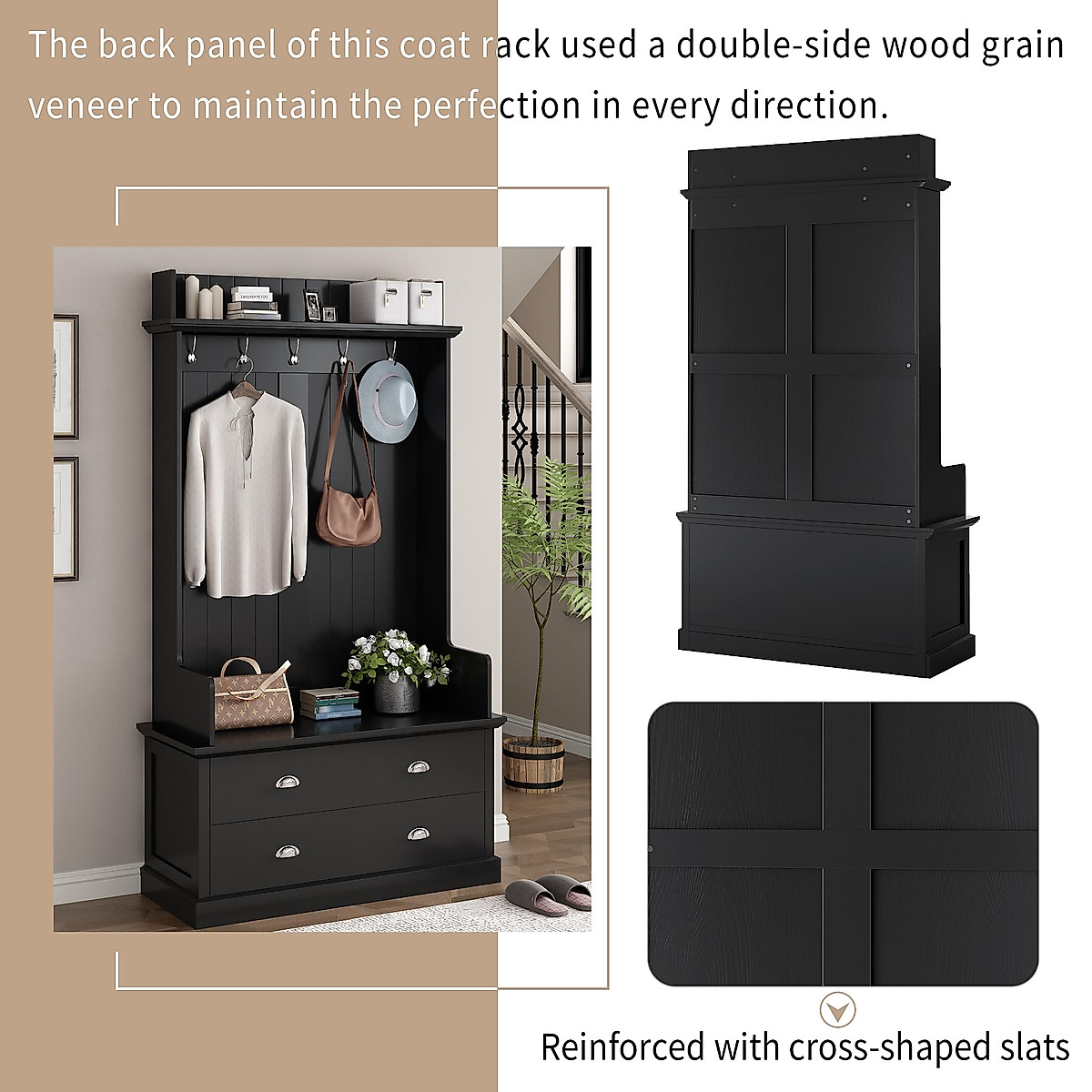 Aisurun Vintage 38.5" Wide Hall Tree Coat Rack Coat Hanger with 5 Hooks, 2 Large Drawers & 1 Top Shelf, Storage Bench Entryway Bench for Hallway Living Room (Black)