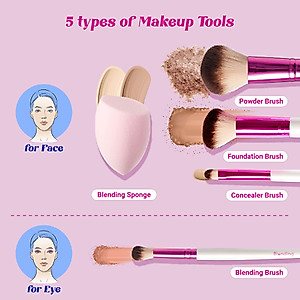 Ruby Kisses Makeup Brushes Travel Size Complexion Brush Set, Powder, Angled Buffer, Blending, Concealer Brush and Blending Sponge, Travel Friendly 5 PCS Set