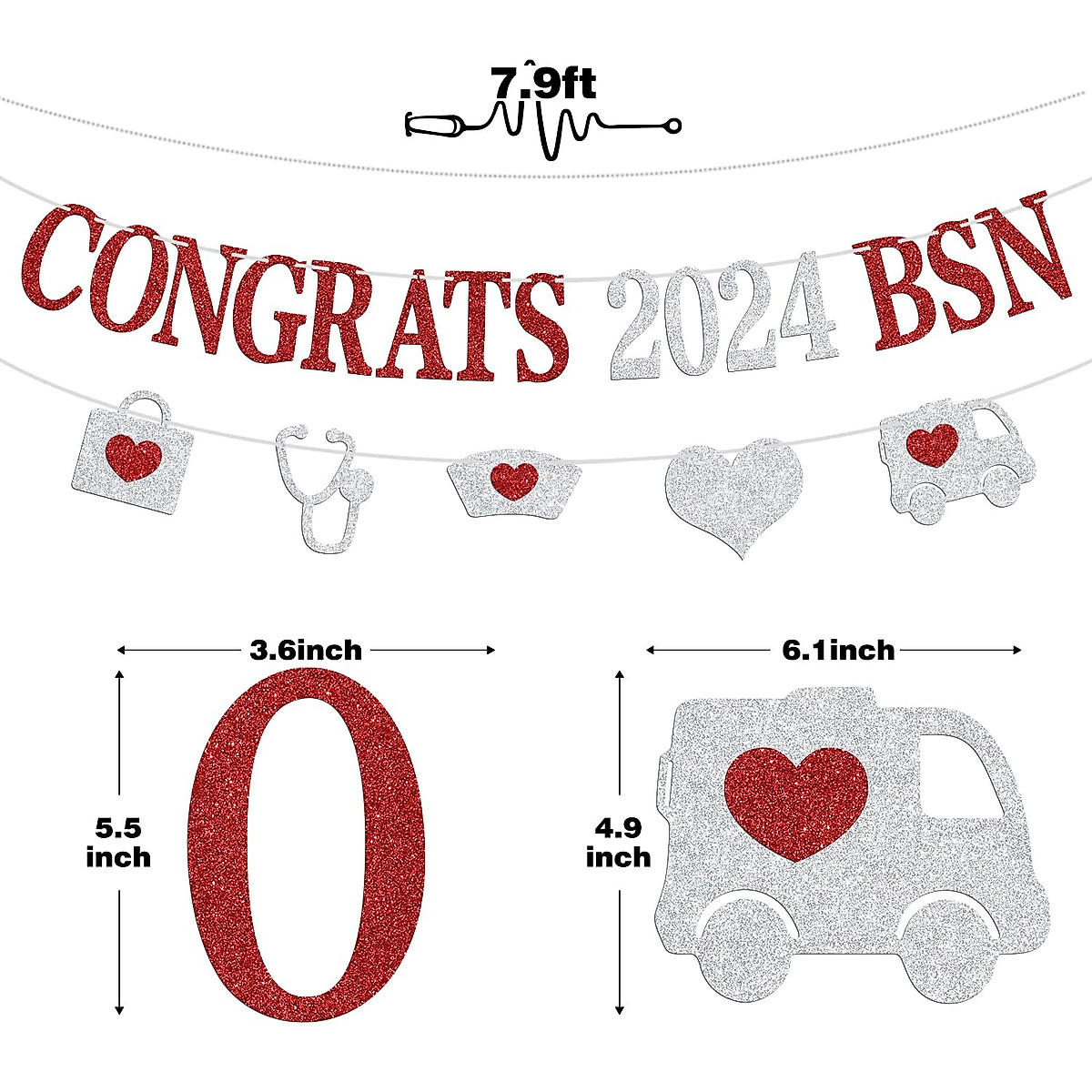 Congrats 2024 BSN Banner - Nurse Grad Party Decoration Supplies - Nursing School Survivor Graduation Party Bunting Sign/Photo Props, Silver and Red Glitter