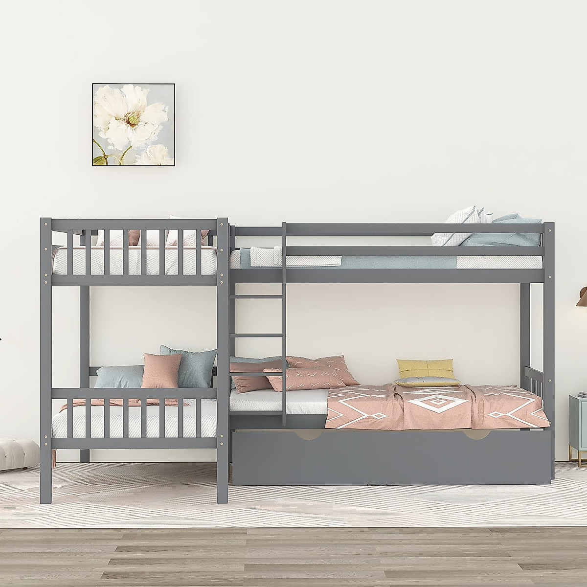 L-Shaped Bunk Bed with Drawers, Bunk Bed for 4 Twin Over Twin for Boys Girls Kids Teen Wood Quad Bunk Beds Frame, Gray