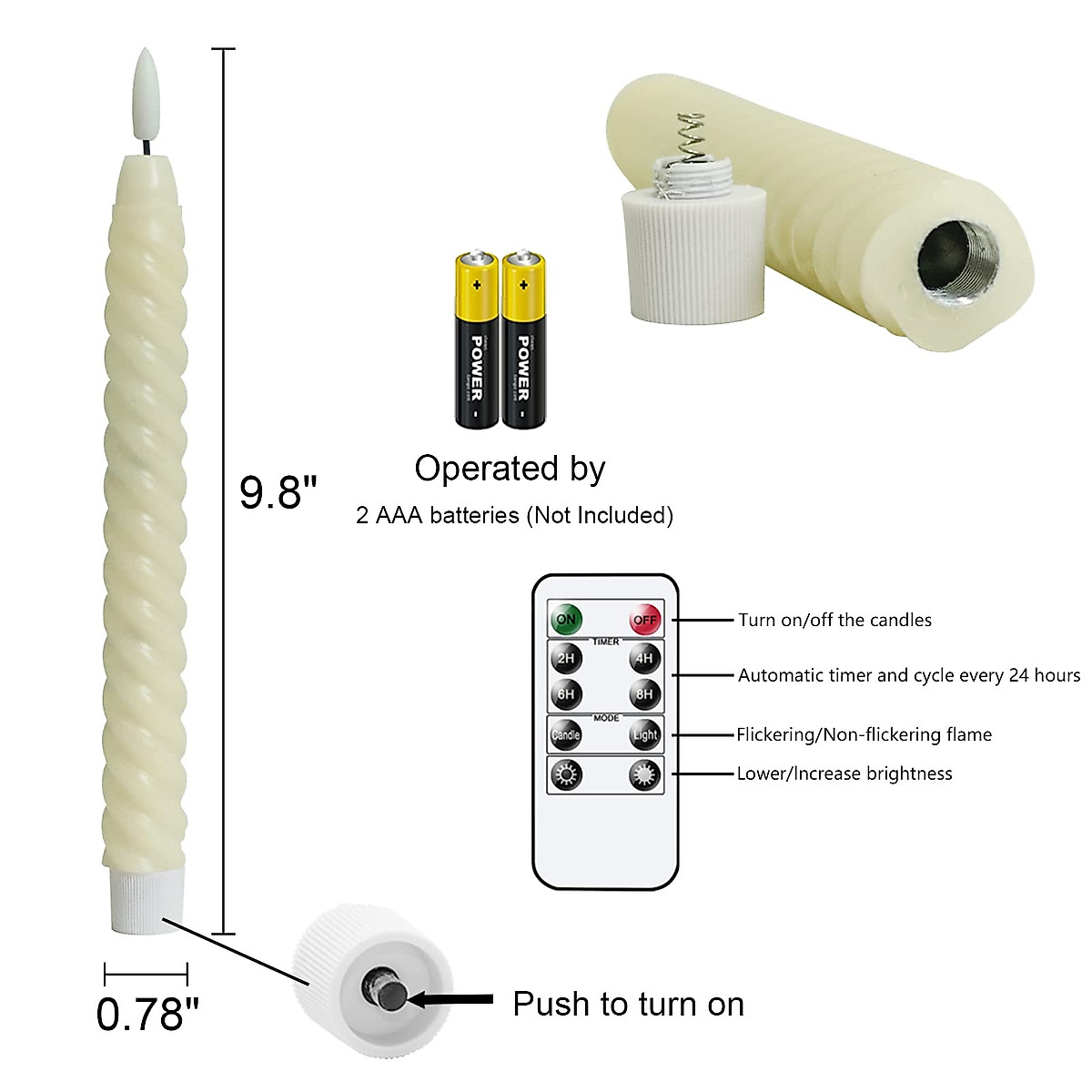 Lasumora Flameless Taper Candles Flickering with Remote Timer, LED Taper Candles Battery Operated Warm 3D Wick Spiral Window Candles 6 Pack Real Wax Wedding Home Birthday Christmas Decor 9.8" Ivory