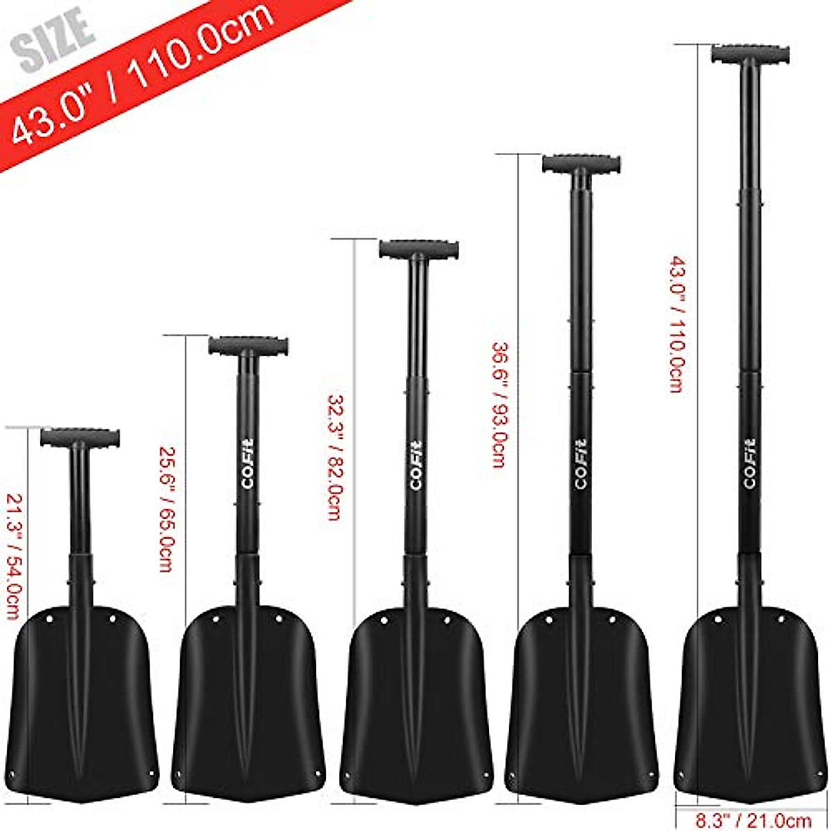 COFIT 43" Retractable Snow Shovel and 39" Snow Brush, Detachable and Extendable Snow Removal Telescoping Brush and Shovel for Car Auto Truck SUV Windshield