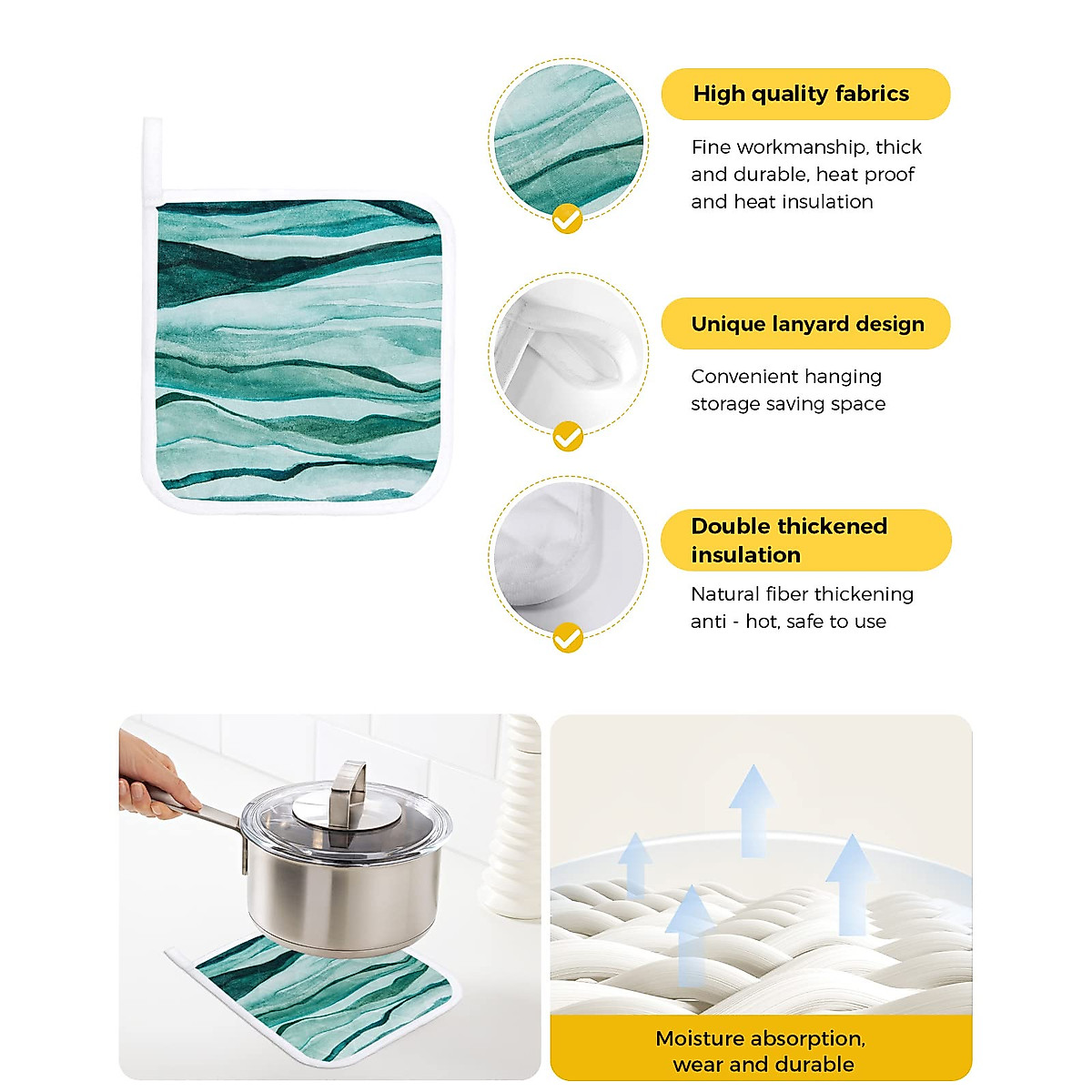 Teal Ombre Pot Holders for Kitchen Heat Insulation, Watercolor Modern Turquoise Abstract Art Aesthetics Potholders Hot Pads with Hanging Loop, Washable Oven Pot Holder Trivet for Cooking Baking 3 Pack