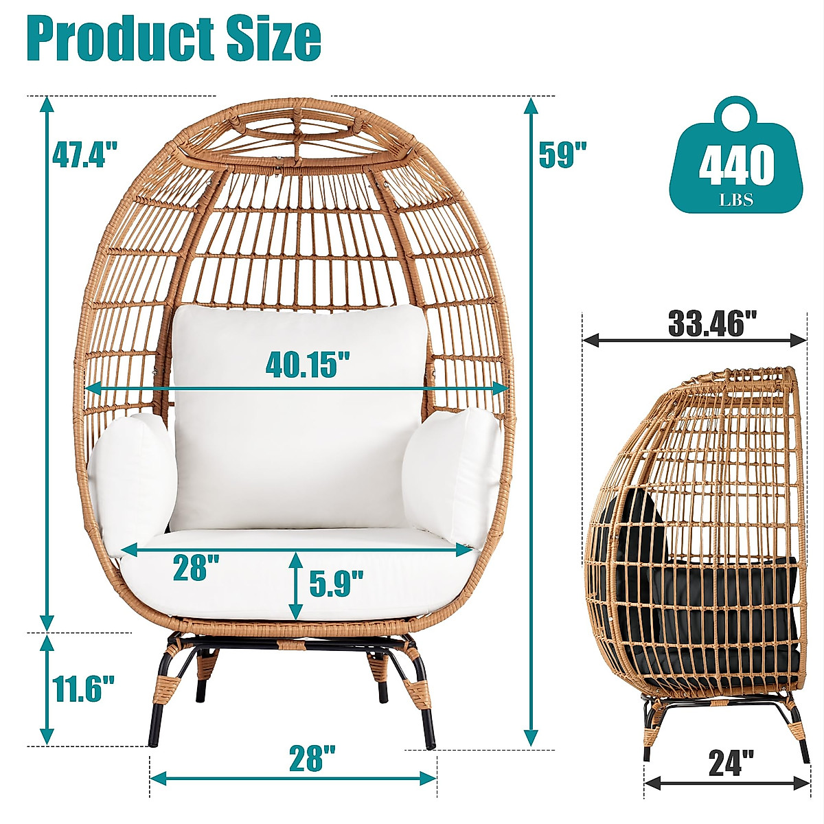 OTSUN Outdoor Egg Chair, PE Wicker Chair with 4 Thicken Cushions, Oversized Indoor Chairs with Durable Steel Frame Perfect for Balcony, Backyard, Bedroom, Patio Chairs 440 lbs Capacity-White