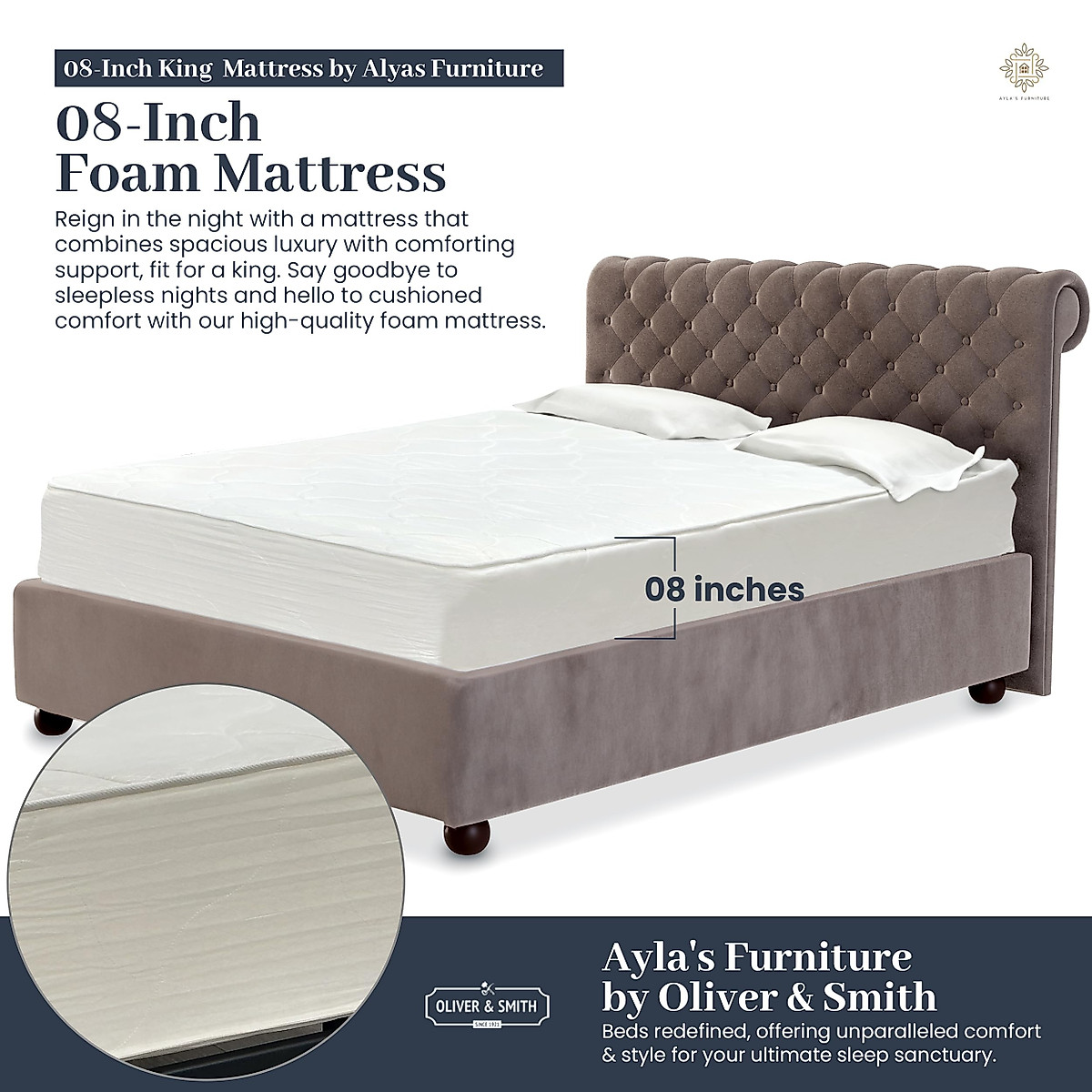 Aylas Furniture King Size Mattress 8 Inch King Size Foam Mattress High Density Reflex Support Layer & Visco-Elastic Comfort Foam & Premium Polyester Cover Eco-Friendly Breathable Firm King Mattress