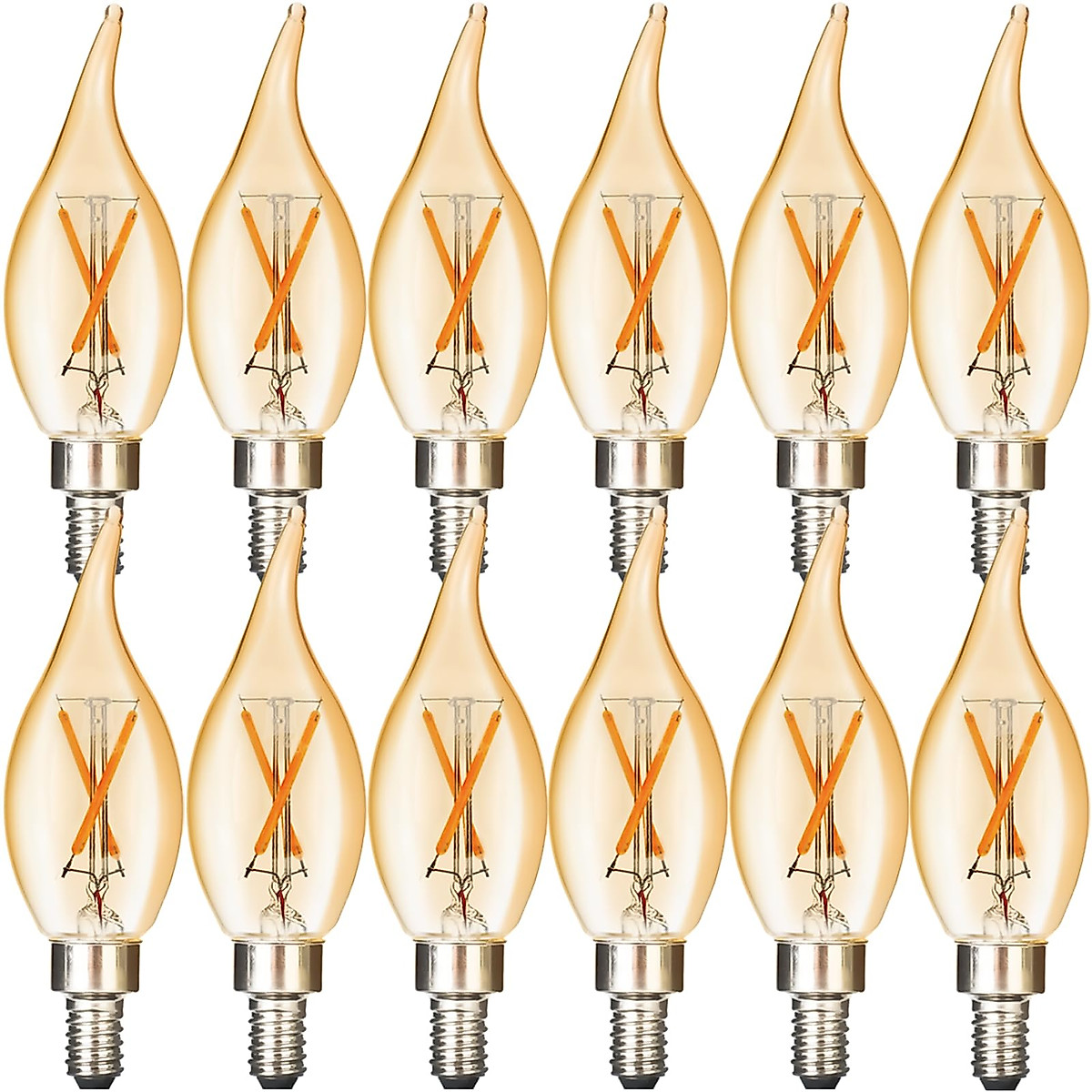 CHKADAWA 12 Pack E12 Dimmable Amber Candelabra Light Bulbs, Flame Tip 40 Watts Equivalent, Chandelier Light Bulbs CA11, Vintage Candle LED Bulb, Warm White 2200K, CRI 90+