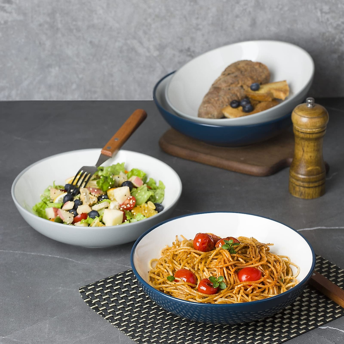 GBHOME 8.75'' Large Pasta Bowls Set of 4, 42oz Stoneware Deep Salad Pasta Bowls for Kitchen, Chip-resistant Bowls Set for Salad Pasta Meal, Microwave and Dishwasher Safe, White-Cobalt