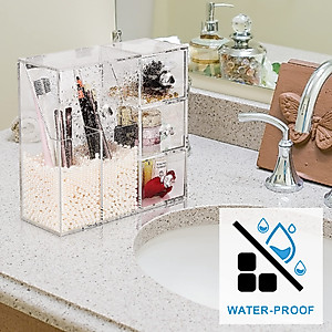 weddingwish Makeup Brush Holder with 3 drawers, Acrylic Makeup Organizer, Covered Costmetic Storage Box with Pink Beads,Heavy-Duty Acrylic, Bathroom Cosmetics Storage System…