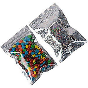 100 Pack Smell Proof Bags - 3x5 Inches Various Size Resealable Clear Ziplock Food Safe Holographic Rainbow Color