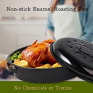 Letschef Roasting Pan 11Lb 15.7 inch Oval Enamel Oven Roaster Pan with Lid for Turkey Chicken Cookware PFOA free