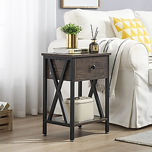 VECELO End Tables, Modern Nightstand with Drawer & Shelf, Night Stand for Bedroom Living Room,Industrial Metal Frame