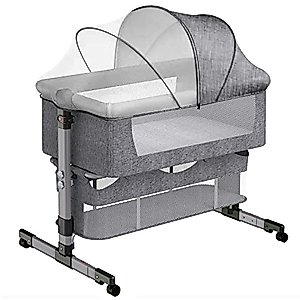 JOLIE VALLÉE TOYS & HOME Baby Bassinet, 2 Height Adjustable Baby Bed and Bedside Crib Bedside Sleeper, Portable Baby Crib, Baby Bedside Swingable Bassinet for New Born with Mattress, Breathable Net