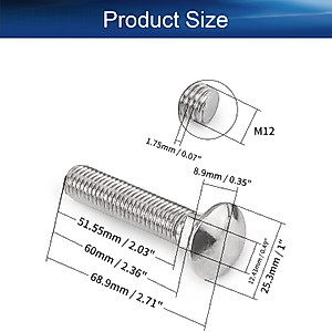Yinpecly 2Pcs M12×60mm 1.75mm Pitch Length 304 Stainless Steel Round Domed Head Square Neck Carriage Bolts Silver Tone