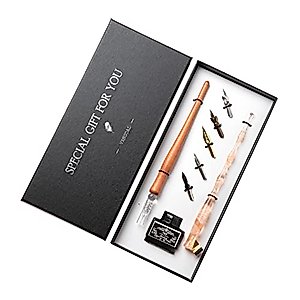 VANGOAL Oblique Calligraphy Pen and Glass Pen Ink set, Includes Crystal Oblique Dip Pen,Wooden Glass Pen,5 Different Nibs and Bottle of Ink, Gorgeous Art & Business Gift (Orange+Pink)