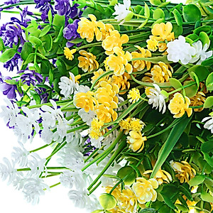 WILLBOND 12 Bundles Artificial Flowers Outdoor, UV Resistant Faux Artificial Plants Shrubs Plastic Flower Bulk for Hanging Planter Porch Window Home Wedding Fall Summer Decor (Yellow, Purple, White)