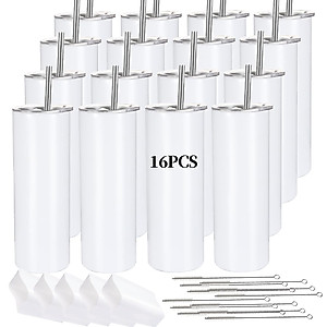 YOUKE OLA 16 Pack Sublimation Tumblers Straight Skinny Tumbler Blanks Bulk 20oz for Heat Transfer, Individual Gift Boxed, Double Wall Insulated Tumbler with Shrink Wrap & Straws