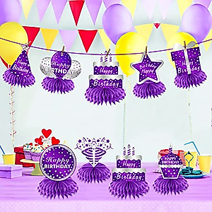 Kauayurk 8Pcs Purple Silver Happy Birthday Decorations Honeycomb Centerpieces for Women, Happy Birthday Table Topper Sign Party Supplies, 16th 21st 30th 40th 50th 60th Birthday Table Decor