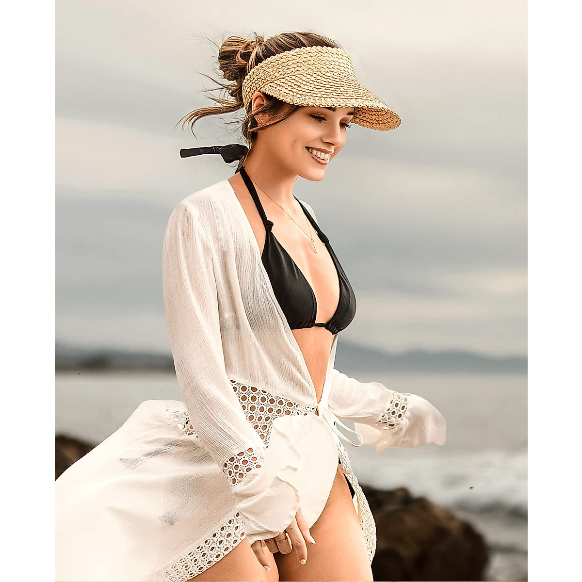 Visors for Women, Straw Sun Visors for Women Beach Hats for Women Packable Sun Hat Womens Visor Handmade Straw Hats for Women Beige