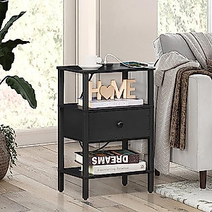 Lerliuo Nightstand with Charging Station and USB Ports, 3-Tier Storage End Table with Drawer Shelf, Night Stand for Small Spaces, Wood Bedside Table for Living Room, Bedroom - Classic Black