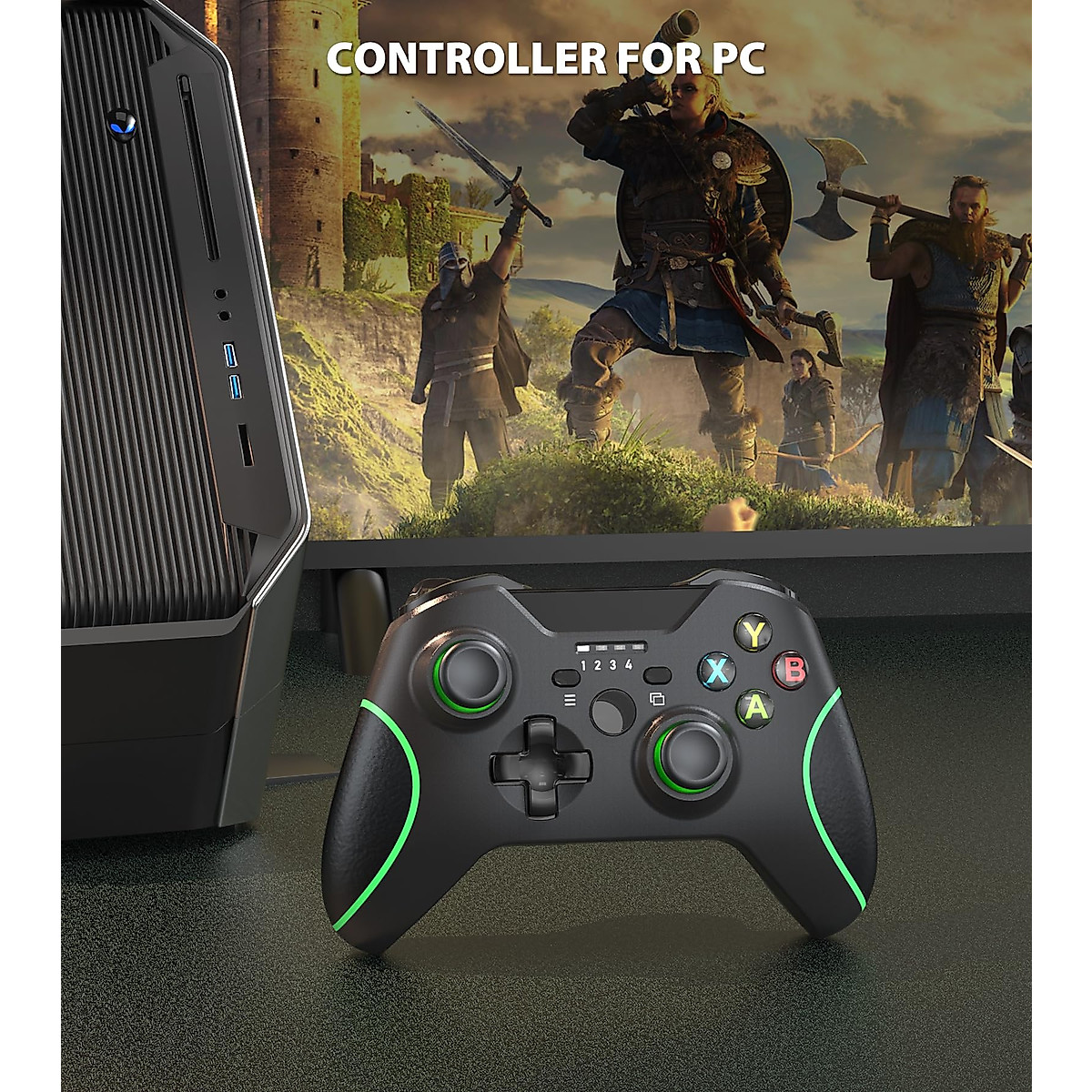 YCCSKY Wireless PC Controller for Gaming, Wireless Game Controller for Windows 7/8/10/11 with 2.4GHz Adapter, with Turbo Function, Dual Vibration and Share Button (2.4G Wireless, Black/Green)