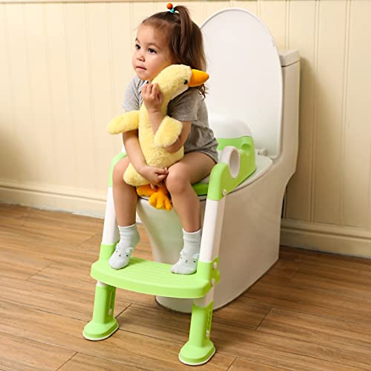 Potty Training Toilet Seat with Step Stool Ladder for Boys and Girls,Toddler Kid Children Toilet Training Seat Chair with Handles,Height Adjustable,Non-Slip Wide Step(Green)