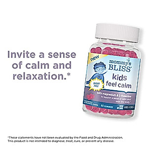 Mommy's Bliss Kids Feel Calm Gummies, Support a Sense of Calm and Relax The Body, Made with Magnesium, L-theanine, Sugar Free Raspberry Lemonade Flavor, Age 4+, 60 Gummies