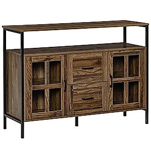 HOMCOM Industrial Sideboard Buffet Cabinet, Coffee Bar Cabinet with Adjustable Shelves, Glass Doors, and 2 Drawers for Kitchen, Living Room, Brown