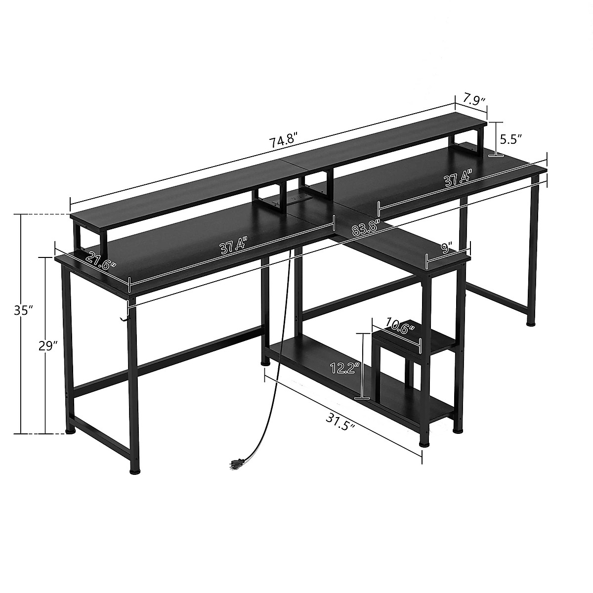 Mexin Home Office Desk-83.7 Inch 2 Person Desk with Storage Shelves and Power Outlets, Double Desk with Monitor Stand, Computer Gaming Desk, Large Work Desk, Black