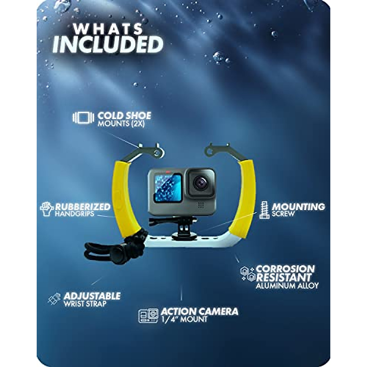 Movo GB-U70Y Underwater Diving Rig for GoPro Hero with Cold Shoe Mounts, Wrist Strap - Works with HERO3, HERO4, HERO5, HERO6, HERO7, HERO8, and Osmo Action Cam - Scuba GoPro Accessory (Yellow)