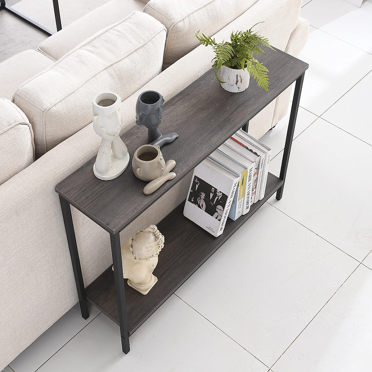 MAJARO Modern Industrial Sofa Console Table for Living Room, Office (Dark Grey, Double Layer)