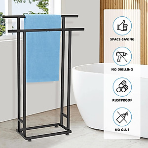 Standing Towel Racks for Bathroom, 2 Tier Bathroom Floor Free Standing Towel Rack, Tall Enough Pool Towel Rack Outdoor Stand for Drying Storage Towels, Black Freestanding Blanket Holder, ALHAKIN