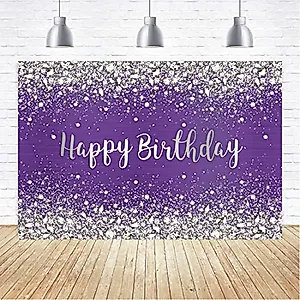 Aperturee 6x4ft Glitter Purple Diamonds Happy Birthday Backdrop Shinning Silver Bokeh Dots Women Girls Photography Background Sweet 16 Party Decorations Cake Table Banner Supplies Photo Booth Studio