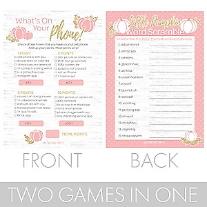 DISTINCTIVS Pink Little Pumpkin Girl Baby Shower - What's On Your Phone and Word Scramble (2 Game Bundle) - 20 Dual Sided Cards