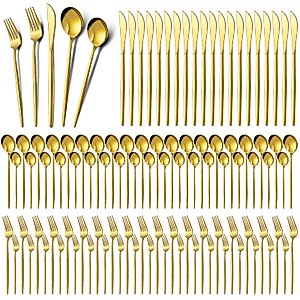 Amyhill 400 Pcs Gold Silverware Set Stainless Steel Flatware Set Portable Gold Utensils Set Reusable Tableware Cutlery Set for Home Restaurant Apartment and Kitchen Service 80