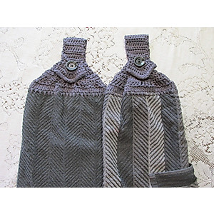 Set of 2 Gray Doubled Chevron Design Hanging Kitchen Towels with Gray Cotton Crochet Top - Best Quality