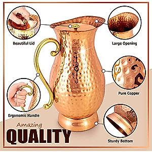 G GOODYGOODS Hammered Copper Water Pitcher, 70 fl oz. Handmade Hammered Copper Water Jug W/ Lid For Drinking & Homestyle Unique Gifts, 100% Heavy Duty Copper, No Inner Liner, Ayurveda Health Benefits.
