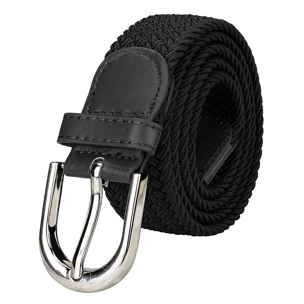 Falari Men Women Multicolored Elastic Stretch Braided Belt Canvas Fabric Woven No Holes Belt (1003 - Black, Large)