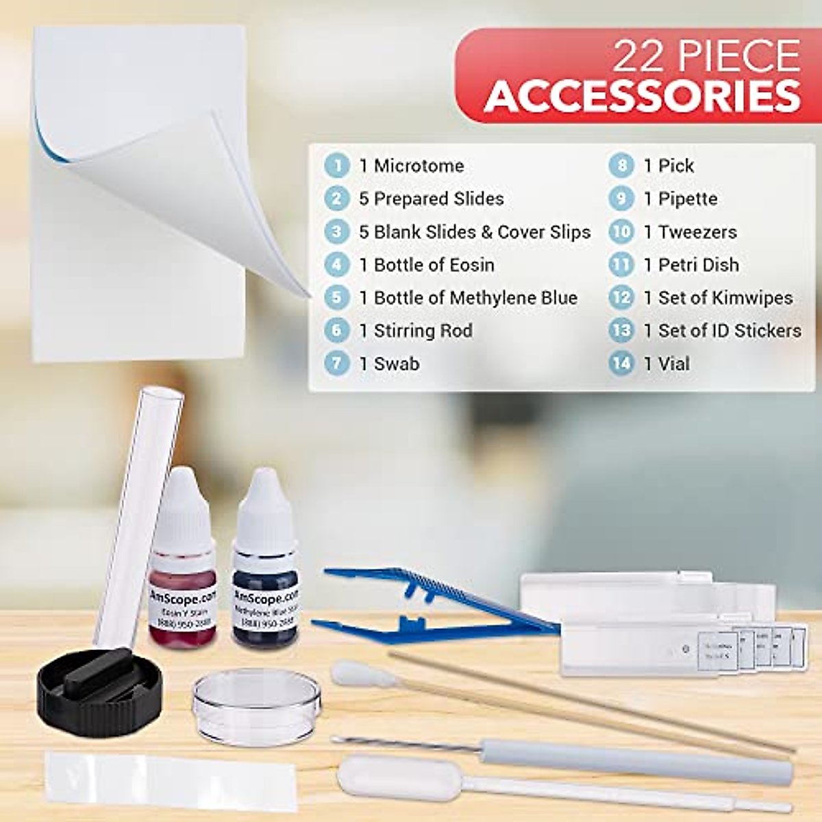 AmScope M162C-2L-PB10-WM Awarded 2018 Best Students and Kids Microscope Kit & SP-14 Microscope Slide Preparation Kit Including Stains