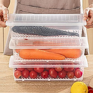 STARSLIFE Food Storage Containers, Refrigerator Classified Organizer Case with Removable Drain Plate and Lid, Plastic Stackable Box Keep Fresh for Fish, Meat, Vegetables, Fruits ect. (Pack of 3)