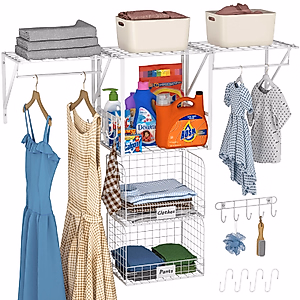 ThreeHio 3 Pack Laundry Room Shelves Wall Mounted with Wire Storage Baskets, Over Washer and Dryer shelves with Hanging Rods and Hooks, Wire Wall Shelves Baskets for Laundry Organization and Storage
