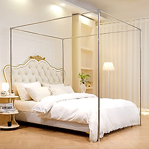Stainless Steel Canopy Bed Frame Queen Size, Bed Post Poles Bed Canopy Frame, Thicken Bed Frame Bracket for Metal Bed Wood Bed Mosquito Curtains Bedroom Decor