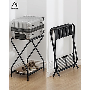 NEFROM Luggage Rack Pack of 2, Foldable Suitcase Stand with Storage Shelf, Metal Luggage Holder for Guest Room, Bedroom, Hotel LR-BK-2