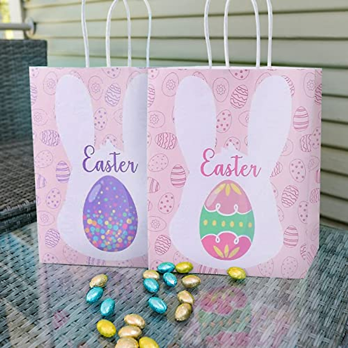 KEPATO 12 PCS Easter Gift Bags Paper Bag with Handles Bunny Design for Easter Egg Hunts, Party Favors Candies Goodie Bags Bulk,Packaging, Gifts