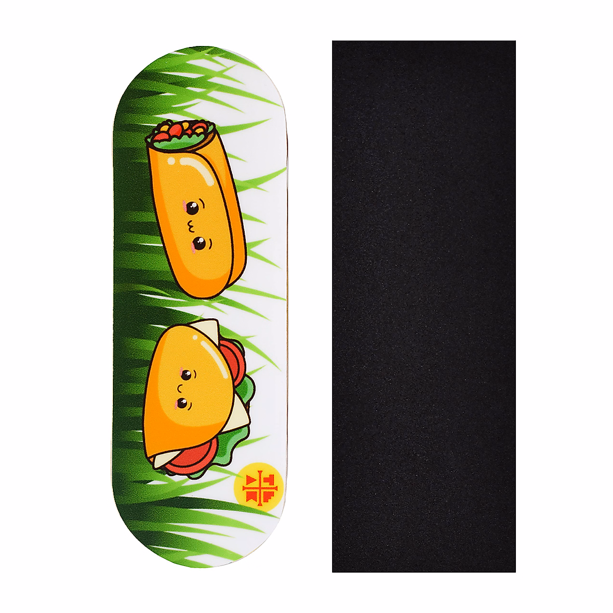 Teak Tuning Premium Fingerboard Graphic Deck, Happy Tacos - 32mm x 97mm - Heat Transfer Graphics, Pro Shape & Size - Pre-Drilled Holes - Includes Prolific Foam Tape
